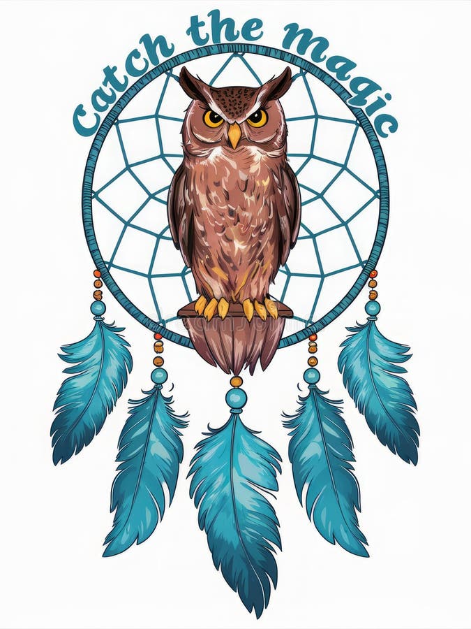 Majestic Owl Perched on Dreamcatcher with Catch the Magic Slogan ...