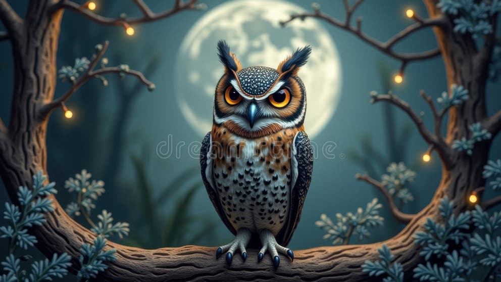 Majestic Owl Perched in Enchanted Moonlit Forest Stock Image - Image of tree, details: 366787769