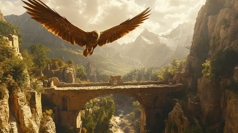 Majestic Owl Soaring Over Ancient Stone Bridge in a Dramatic Mountain ...