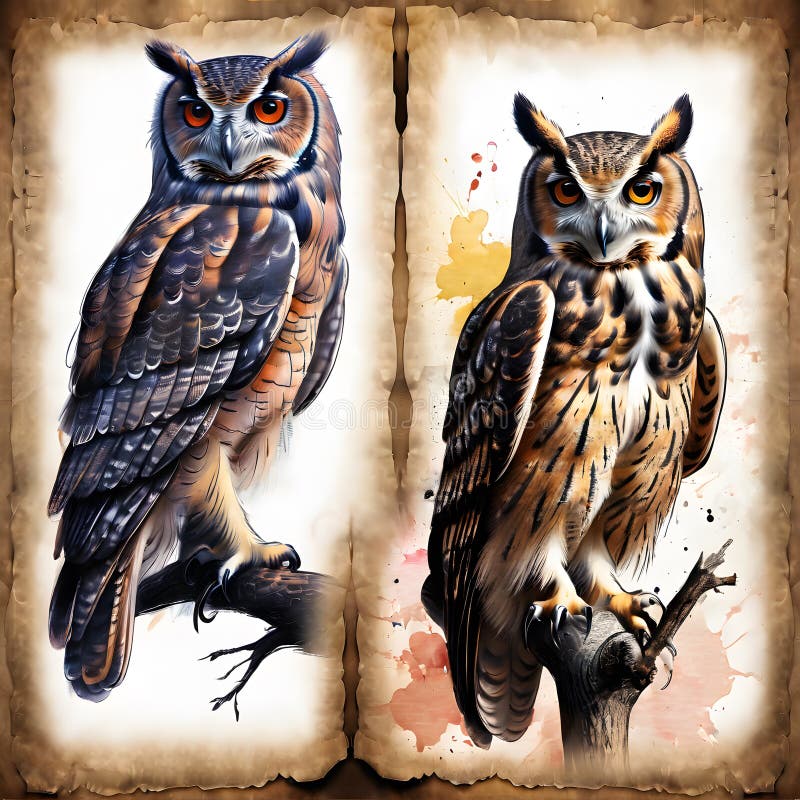 Majestic Owls Two Detailed Illustrations of Long Eared Owls Perched on ...