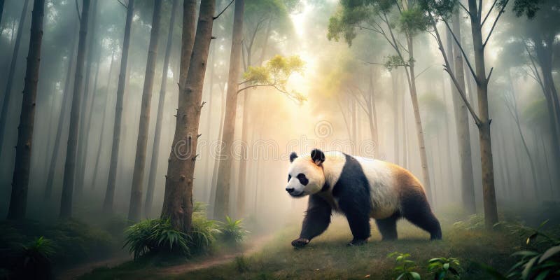 A Majestic Panda Bear Strolling through a Misty, Enchanting Forest Path. Generative AI Stock ...