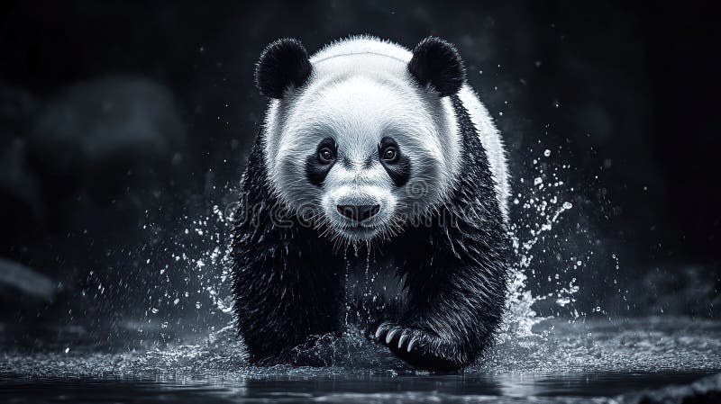 Majestic Panda Walking through Water, Splashing Stock Photo - Image of ...