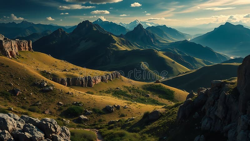 Majestic Panoramic View of a Vast Mountain Range Under a Dramatic ...