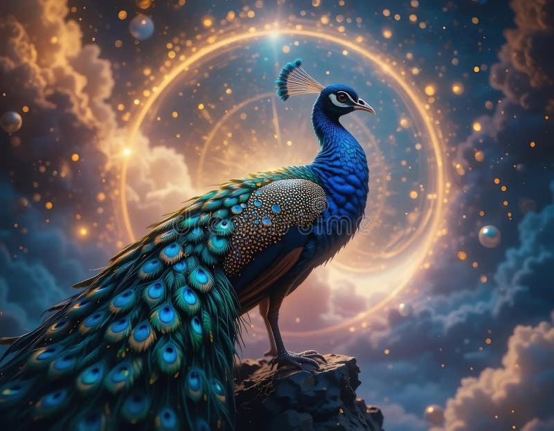 Majestic Peacock Celestial Glow by AI Generated Stock Illustration - Illustration of mystical ...