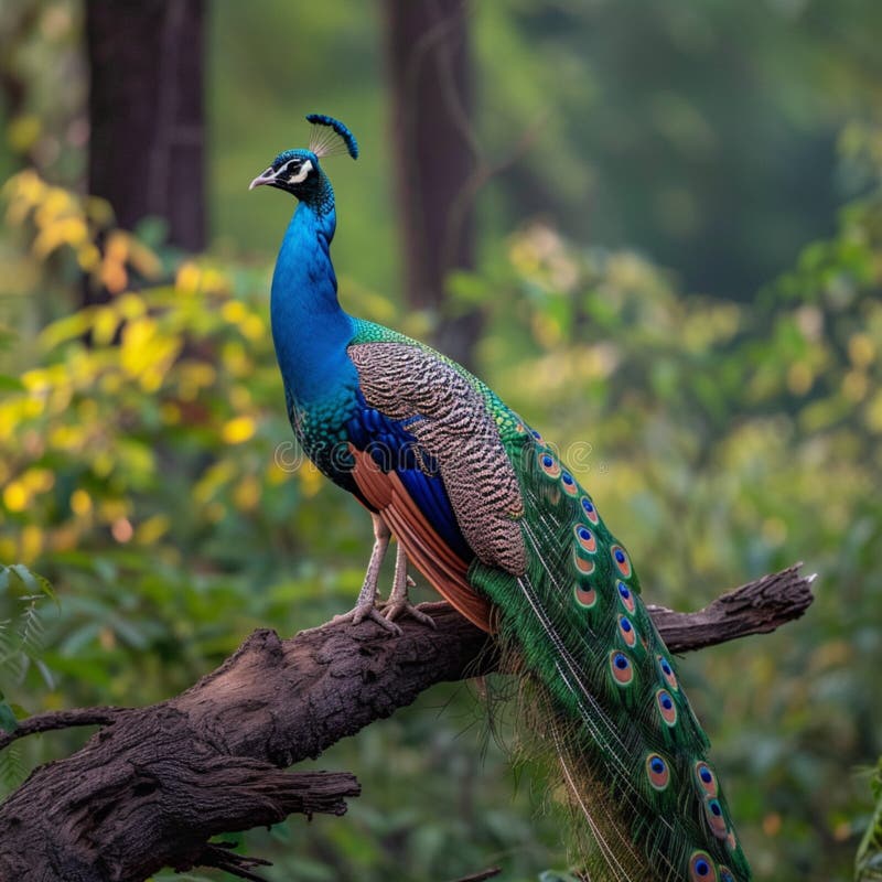 A Majestic Peacock Poses Elegantly on a Tree Branch Stock Illustration ...