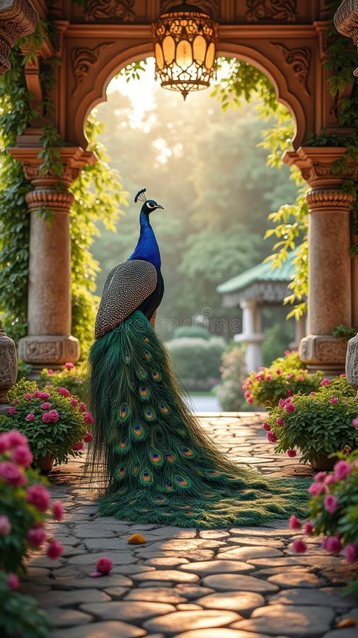 Majestic Peacock Standing Gracefully in Sunlit Garden Archway Stock ...