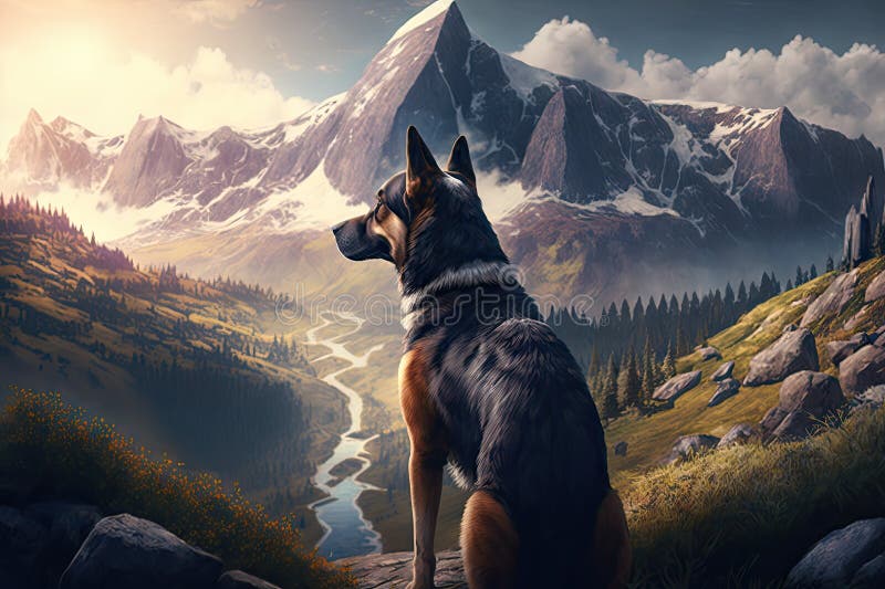 Majestic Peak with Dog Looking Down on Lush Valley, Surrounded by ...