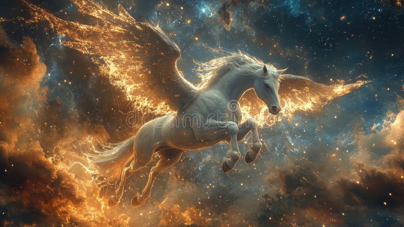 Majestic Pegasus with Fiery Wings Flying through Space Stock Photo ...