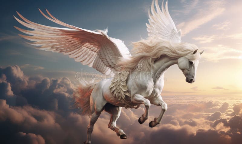 A Majestic Pegasus with Vibrant Wings is Soaring in the Sky at Sunset ...