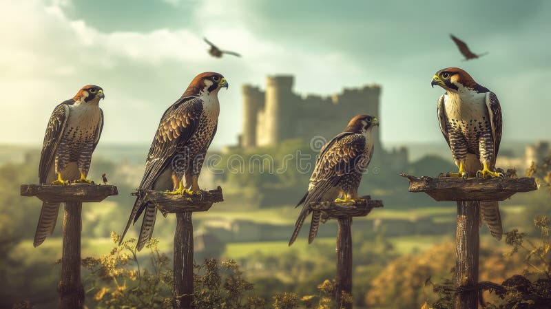 Majestic Peregrine Falcons Perched Overlooking Ancient Castle Stock ...