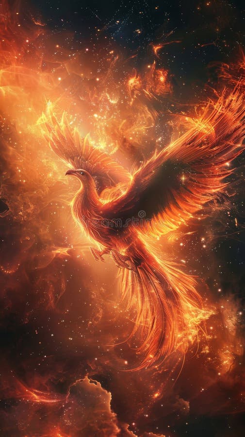 A Majestic Phoenix with Fiery Glowing Wings Soaring in a Galactic Sky ...
