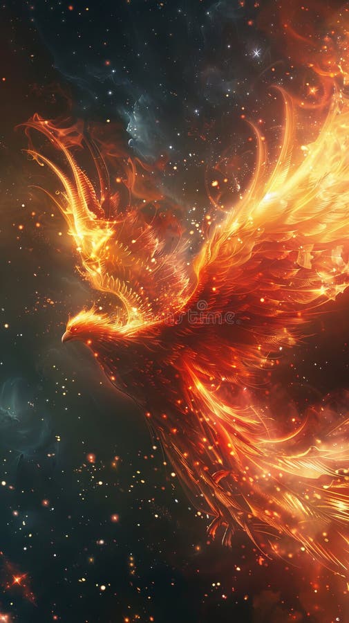 A Majestic Phoenix with Fiery Glowing Wings Soaring in a Galactic Sky ...