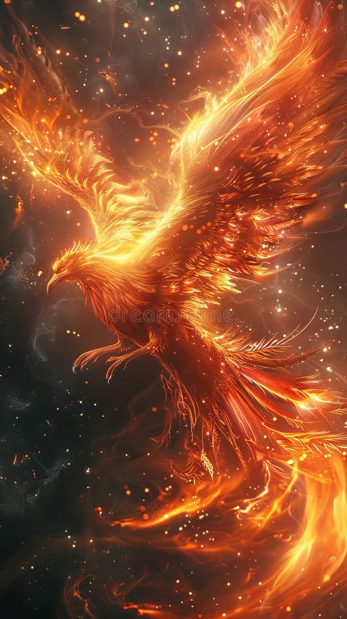 A Majestic Phoenix with Fiery Glowing Wings Soaring in a Galactic Sky ...