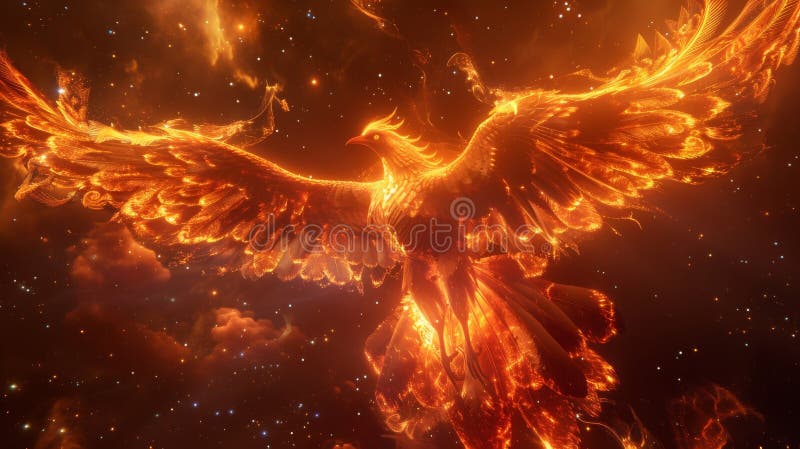 A Majestic Phoenix with Fiery Glowing Wings Soaring in a Galactic Sky ...