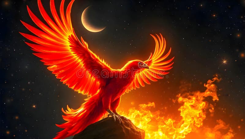 Majestic Phoenix in Flames Soaring through Night Sky with Crescent Moon ...