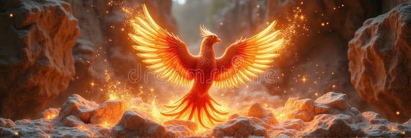 Majestic Phoenix with Glowing Wings Rising from Ashes in a Rocky Canyon ...