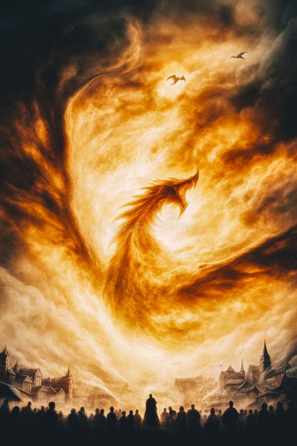 Majestic Phoenix Rising in Fiery Sky Over Silhouetted Crowd Stock Image ...