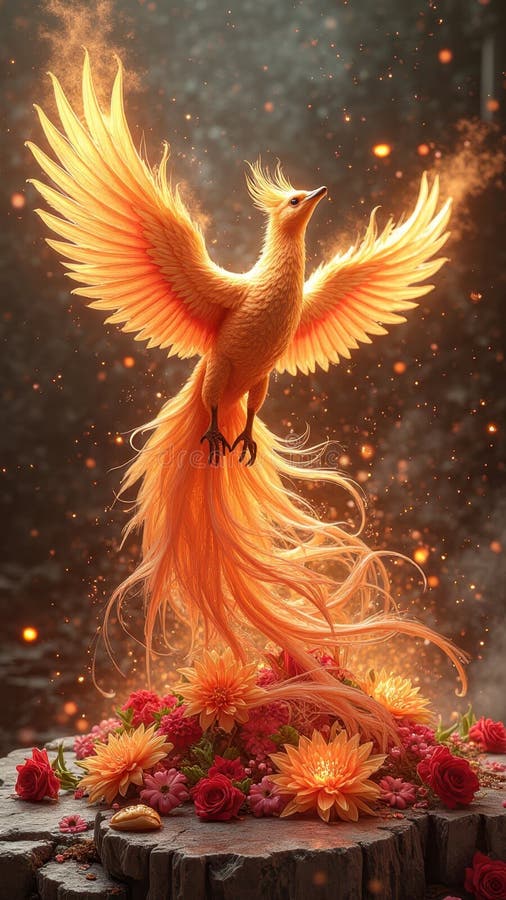 Majestic Phoenix Rising from Floral Bed with Glowing Flames Stock Photo ...