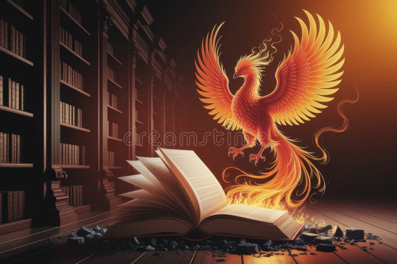 Majestic Phoenix Rising from Open Book in Enchanted Library with Fiery ...