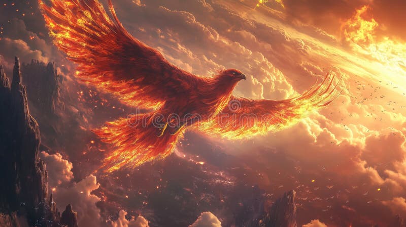A Majestic Phoenix Soaring with Fiery Wings in a Dramatic Setting Stock ...