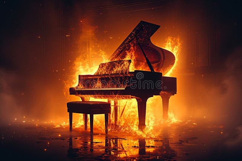 Majestic Piano Engulfed in Fire Under a Spotlight Creates Dramatic ...