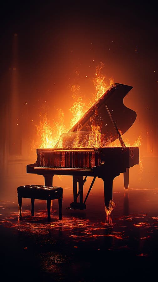 Majestic Piano Engulfed in Fire Under a Spotlight Creates Dramatic ...