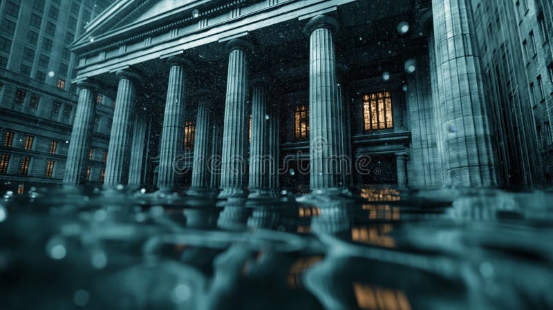 Majestic Pillars of a Neoclassical Building at Night in the Rain Stock ...