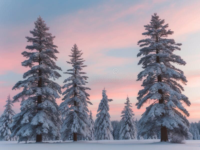 Majestic Pine Trees Covered in Snow during a Breathtaking Winter Sunset ...