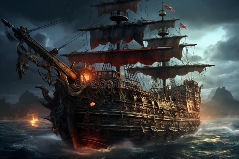 Fantasy Sailing Ship Illuminated Sails Dark Stormy Sea Stock Photos ...