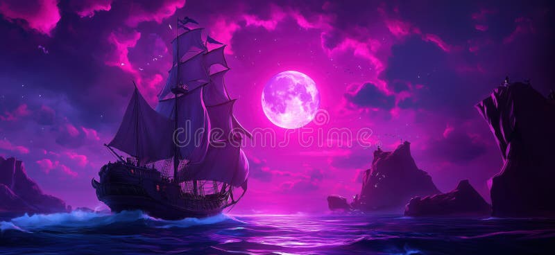 Majestic Pirate Ship Sailing Under Vibrant Pink Moonlight with Dramatic ...
