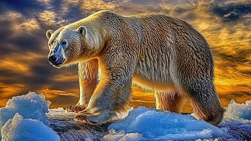 Majestic Polar Bear on Arctic Ice, Sunset Backdrop, Wildlife Conservation Stock Image - Image of ...