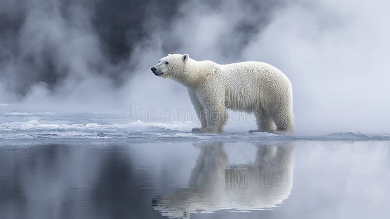 Majestic Polar Bear Standing on Ice Floe, Reflected in Calm Water with ...