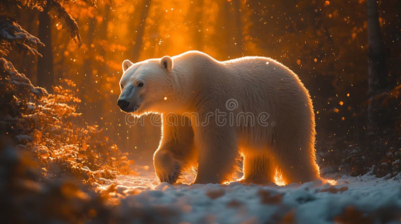 A Majestic Polar Bear Walks through a Snowy Forest with the Sun Shining ...