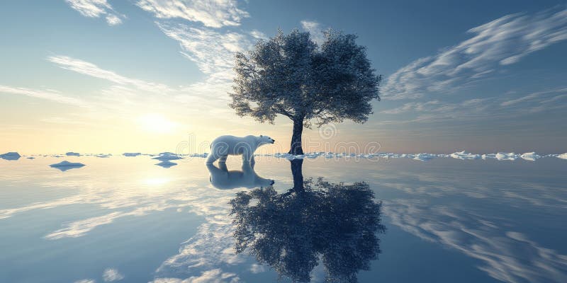 Majestic Polar Bear by Winter Tree Melting Arctic Ice Climate Change ...