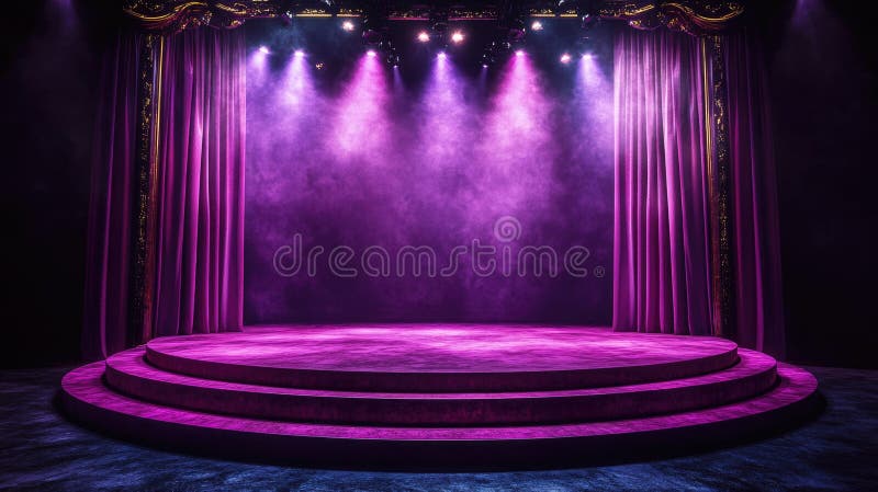 Majestic Purple Stage with Curtains and Spotlights in Theatrical ...