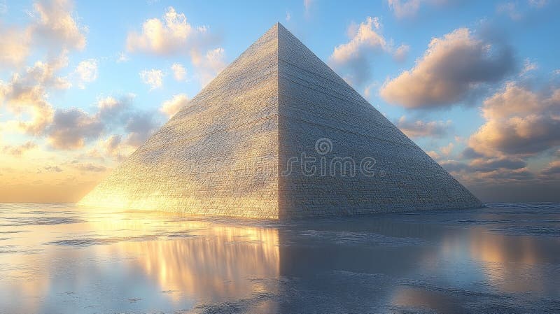 Majestic Pyramid with Triangular Base at Sunrise with Reflective Water ...