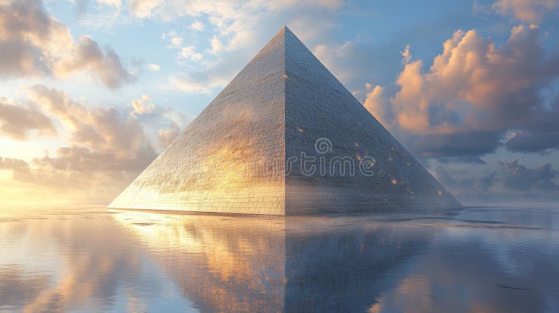 Majestic Pyramid with Triangular Base at Sunset Reflected on Water ...