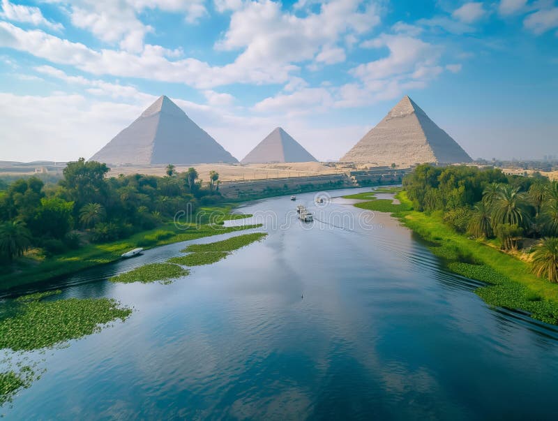 Majestic Pyramids by the Nile River Stock Image - Image of greenery ...