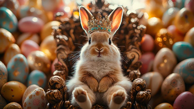 Majestic Rabbit Sitting on Throne with Easter Eggs with Royal Crown and ...