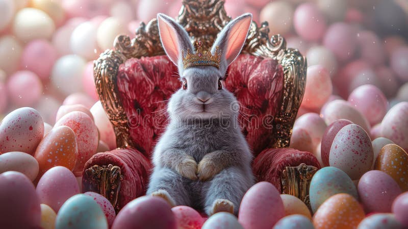Majestic Rabbit Sitting on Throne with Easter Eggs with Royal Crown and ...