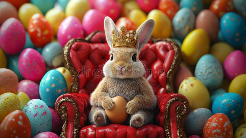 Majestic Rabbit Sitting on Throne with Easter Eggs with Royal Crown and ...