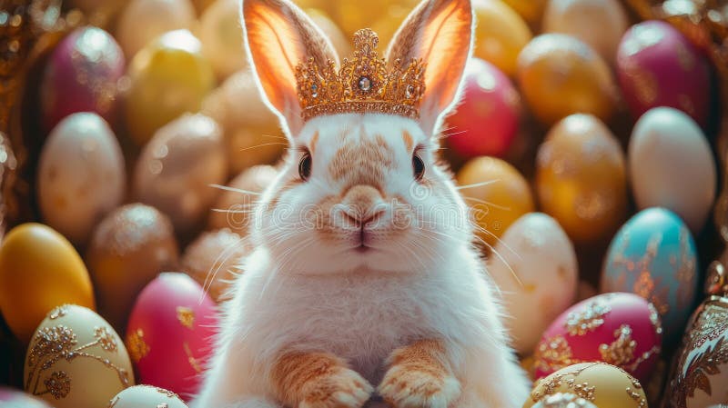 Majestic Rabbit Sitting on Throne with Easter Eggs with Royal Crown and ...