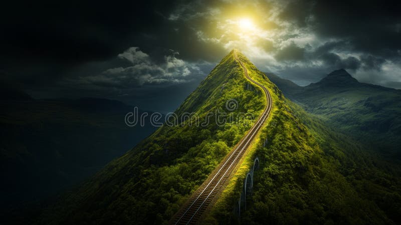 Majestic Railway Path Leading Up Mountain Under Dramatic Sky and ...