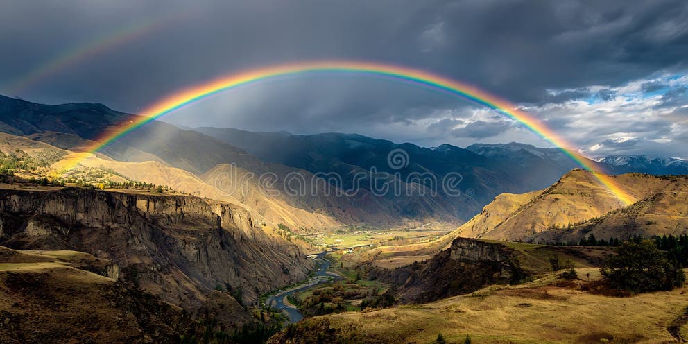 Majestic Rainbow Arching Over Dramatic Mountain Valley Stock ...