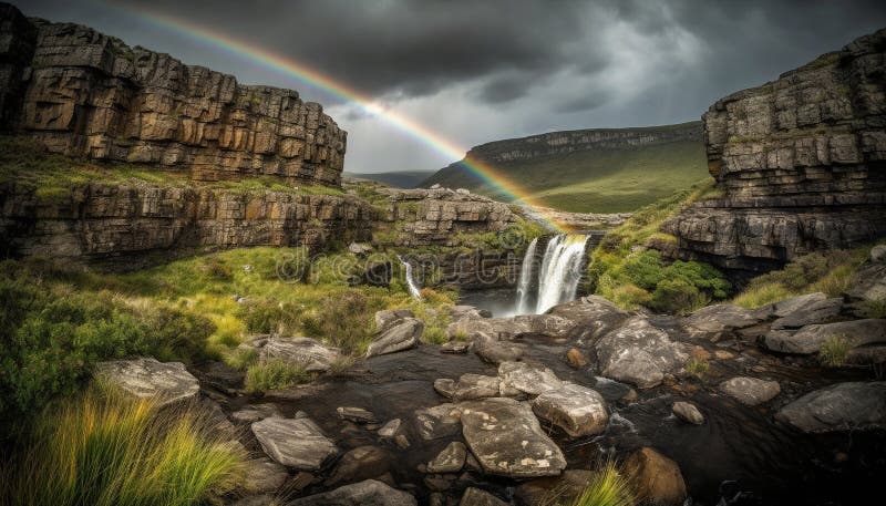 Majestic Rainbow Over Cliff, Water Flowing in Nature Generated by AI ...