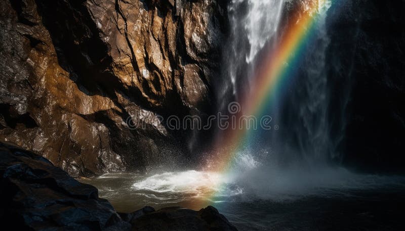 Majestic Rainbow Over Flowing Water in Forest Generated by AI Stock ...