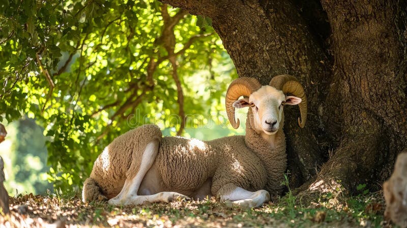 A Majestic Ram Resting Underneath a Tree Stock Image - Image of mammal ...