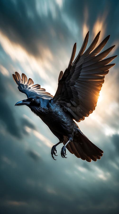 Majestic Raven in Flight Against a Dramatic Twilight Sky Stock Photo ...