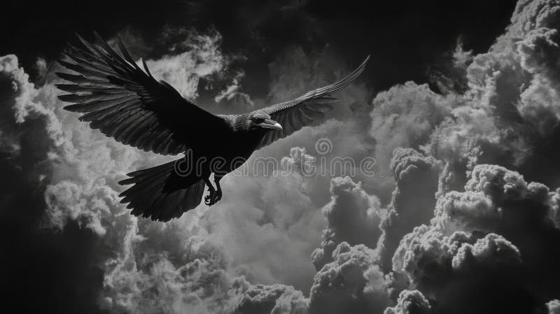 Majestic Raven in Flight through Dramatic Cloudscape Stock Illustration ...