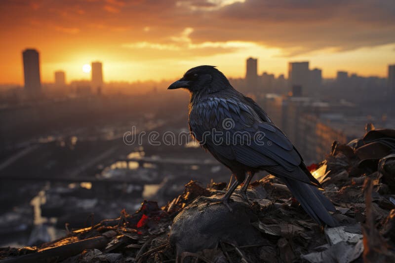 Majestic Raven Overlooking Urban Sunset Skyline. Stock Image - Image of ...